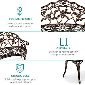 Best Choice Products Outdoor Bench Steel Garden Patio Porch Loveseat Furniture for Lawn, Park, Deck Seating w/Floral Rose Accent, Antique Finish - Bronze