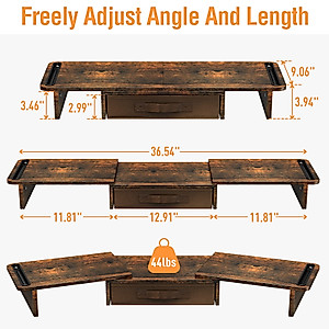 ELIVED Dual Monitor Stand Riser with Drawer-Adjustable Length and Angle, Monitor Stand Riser for 2 Monitors, Desktop Organizer Stand for Computer/Laptop/PC/Printer (Rust Brown)