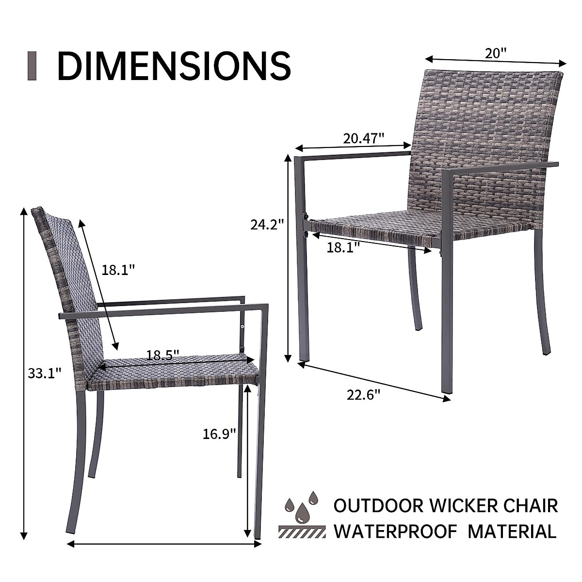 MEISSALIVVE Elegant Patio Dining Chairs Outdoor Set of 2, Stackable All-Weather Resistant Rattan Wicker Chairs, Deck Chairs for Porch, Balcony, Backyard, Garden 330LBS Capacity (Grey)