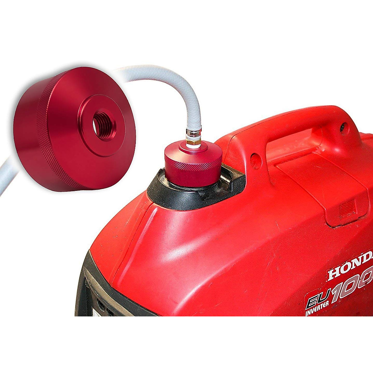Aluminum Extended Run Gas Cap with Brass Hose Fitting, Mess Free Oil Change Funnel & Magnetic Oil Dipstick Fit for Honda Generator EU2200I (Red)
