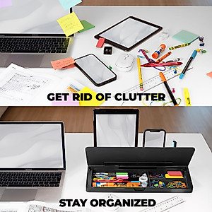 Desktop Whiteboard - Glass Dry Erase White Board- Desk Computer Buddy – Home Office & Studying Essentials - Desktop Pad with Phone & Tablet Slot, Storage Compartment - Includes 4 Markers, 1 Eraser.