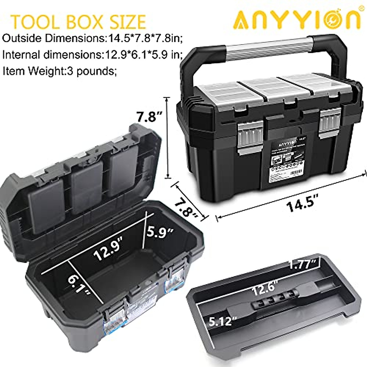 Anyyion 14.5-Inch Tool box with Removable Tray , Truly Strong and Durable For Craft Storage, Household（14.5In）