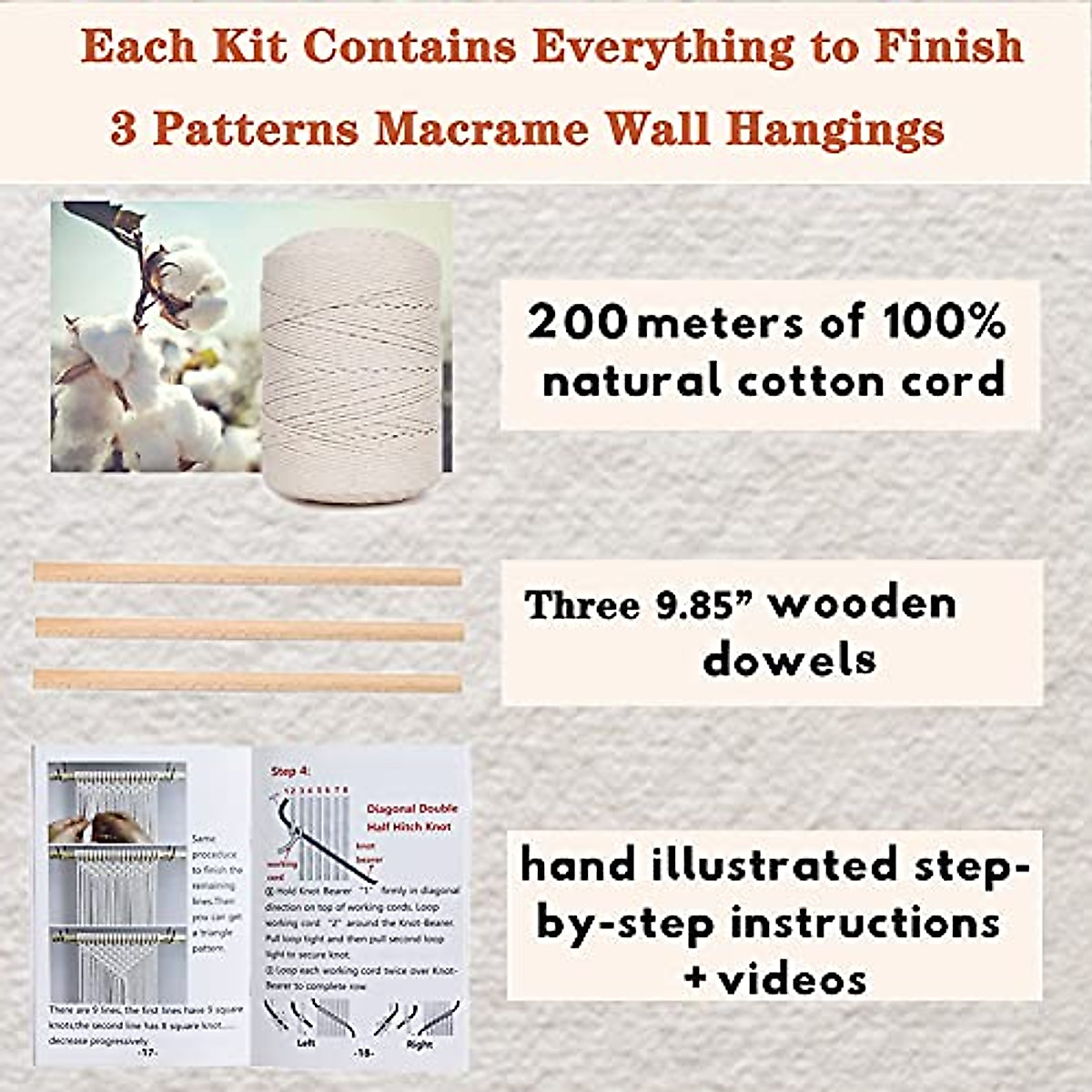 DIY Macrame Wall Hanging Kits, 3 Patterns Macrame DIY Wall Hangers for Beginners, Home Decor with 200 Meters Macrame Cord, 3 PCS Wooden Dowels and Instruction Booklet for Macrame Starters