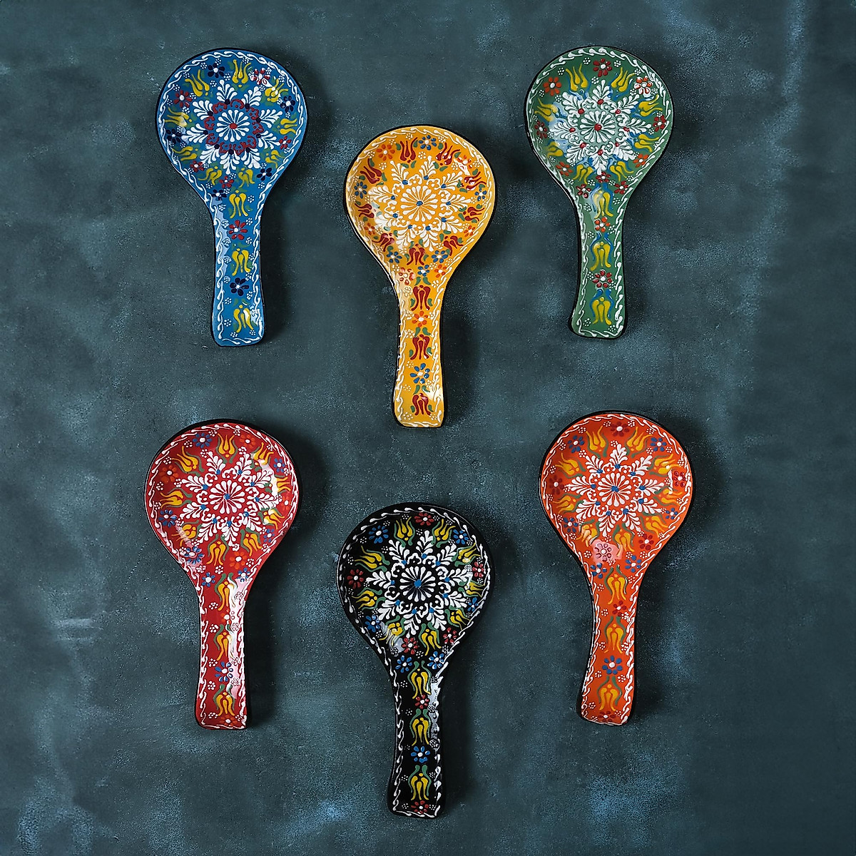 BCS Spoon Rest Set of 2 - Ceramic Spoon Holder for Stovetop & Kitchen Counter - Dishwasher Safe Handmade Kitchen Utensil (Green-Orange 4.5” W x 9" L)