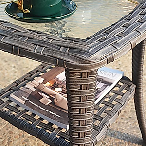 ovios Patio Coffee Table Outdoor Side Table Wicker Rattan Patio Table with Glass Top Garden Tea Table for Yard Garden Porch (Grey-Small Size)