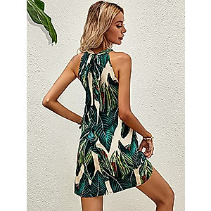 Floerns Women's Summer Floral Print Sleeveless Halter Neck Beach Party Dress Green Tropical L