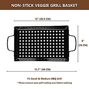 Waykea Non-stick Vegetable Grill Basket with Handle, 12" Rectangle Pan BBQ Accessory for Grilling Veggie, Fish, Shrimp, Meat, Camping Cookware