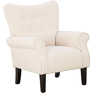 YOLENY Modern Accent Chair,High Back Armchair,Upholstered Fabric Button Single Sofa with Wooden Legs for Living Room,Bedroom,Club,Beige