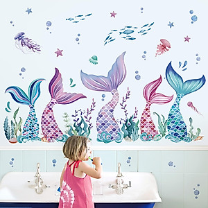 wondever Mermaid Tail Wall Stickers Under The Sea Mermaid Bubble Seaweed Peel and Stick Wall Art Decals for Baby Nursery Girls Bedroom Bathroom