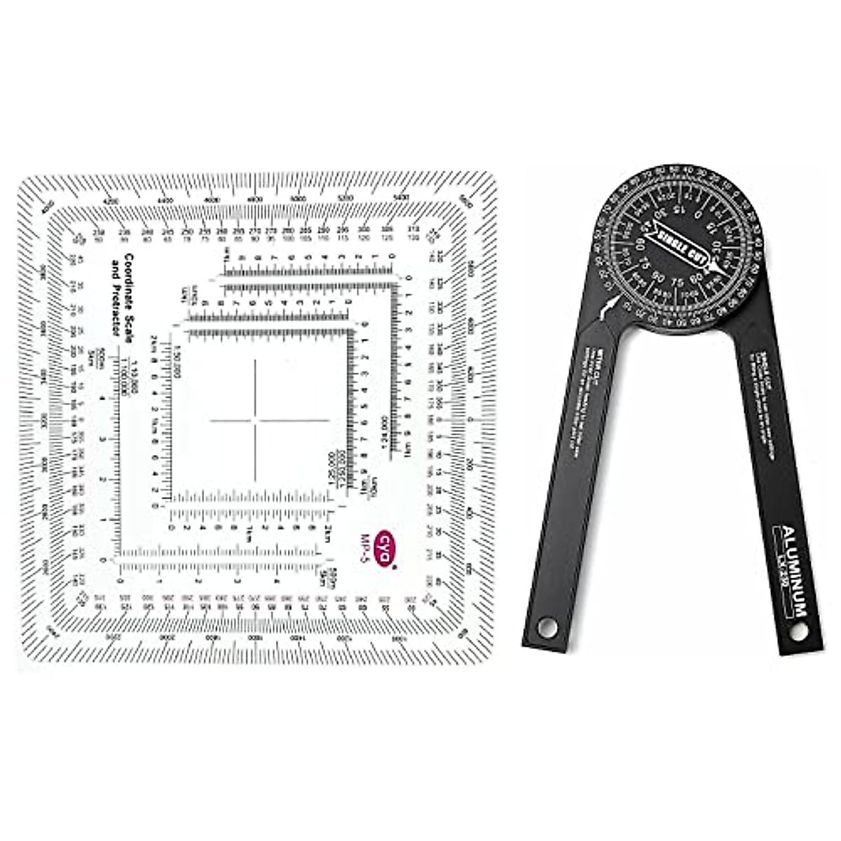 Gotical - Combo of 2 - Flexible Plastic Military Coordinate Scale Protractor MILS map Protractor & 360° Aluminum Angle Finder Miter Saw Protractor Woodworking Measuring Ruler Tool
