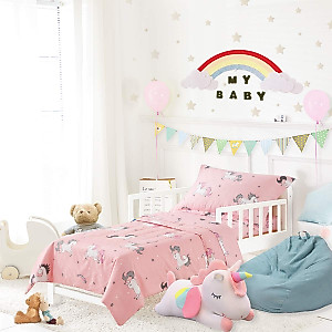 UOZZI BEDDING Unicorn 4 Pieces Toddler Bedding Set with Colorful Rainbow Stars Pink Cute Girls Toddler Bed Comforter Sheet Set and Pillowcases