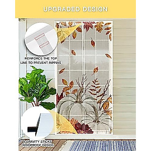 OComster Thanksgiving Magnetic Screen Door, Grey Pumpkin Orange Leaves Bulap Fall Hands Free Screen Mesh Size 38'' x 83'', Reinforce Heavy Duty Mesh Screen Doors for Patio/Front/Sliding Door