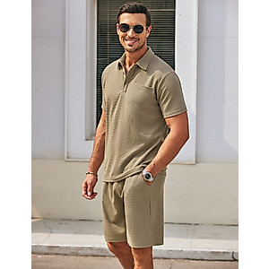 COOFANDY Men's Waffle Knit Polo Shirt and Shorts Set 2 Pieces Outfits Summer Suit Casual Tracksuit with Pockets