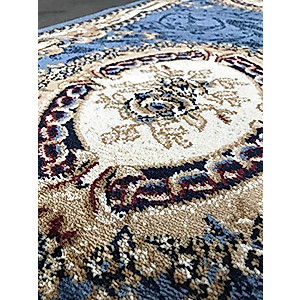Traditional Octagon Oriental Floral Aubusson Area Rug Persian Light Blue Burgundy Beige Design 602 (4 Feet X 4 Feet)