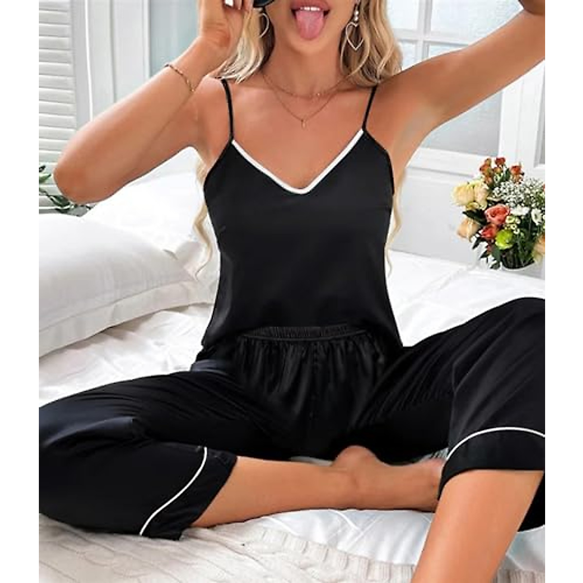 SWOMOG Womens Silk Satin Pajamas Set Two-Piece Pj Sets Cami Top and Capris Pants Sleepwear A-black