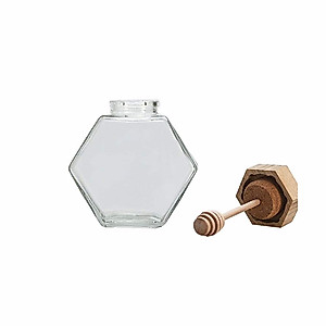 1PC 220ml Clear Glass Refillable Hexagon Shape Honey Pot Jar with Wooden Dipper Sticks and Lid Syrup Dispenser Container Empty Bottle Food Storage for Home Kitchen