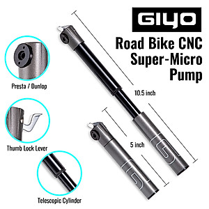 GIYO Small Bike Pump Presta Valve for Road Bikes 120 psi Telescopic Barrel - All Metal CNC Bike Pump Portable | Secure Valve Lock Easy Pumping GM04 Taiwan Made