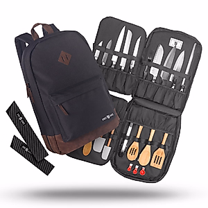 Chef Knife Bag Leather Finish Backpack | Premium Knife Storage & Chef Backpack | Knife Case with 30+ Pockets for Knives & Kitchen Tools | Knife Organizer for Chefs & Culinary Students (Black)