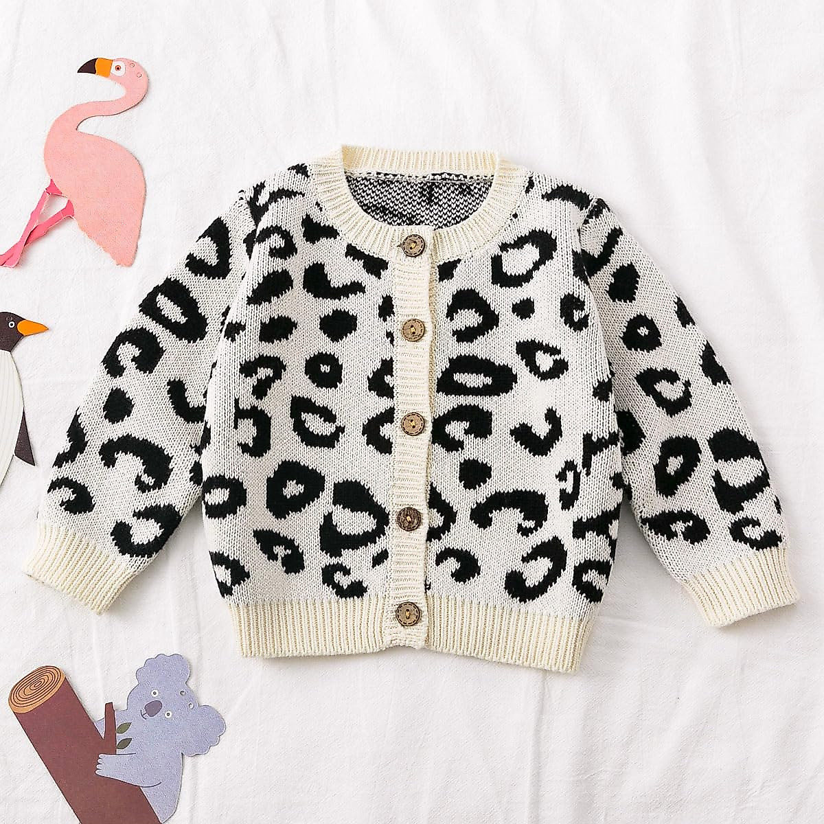 Simplee kids Baby Sweater Animal Leopard Printed Baby Cardigan for Autumn Fall 12-18 Months Black
