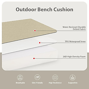 Favoyard Outdoor Bench Cushion 48 x 18 Inch Waterproof Patio Furniture Cushions 3-Year Color Fastness Garden Sofa Settee Couch Swing Pads with Handle and Adjustable Straps, Beige