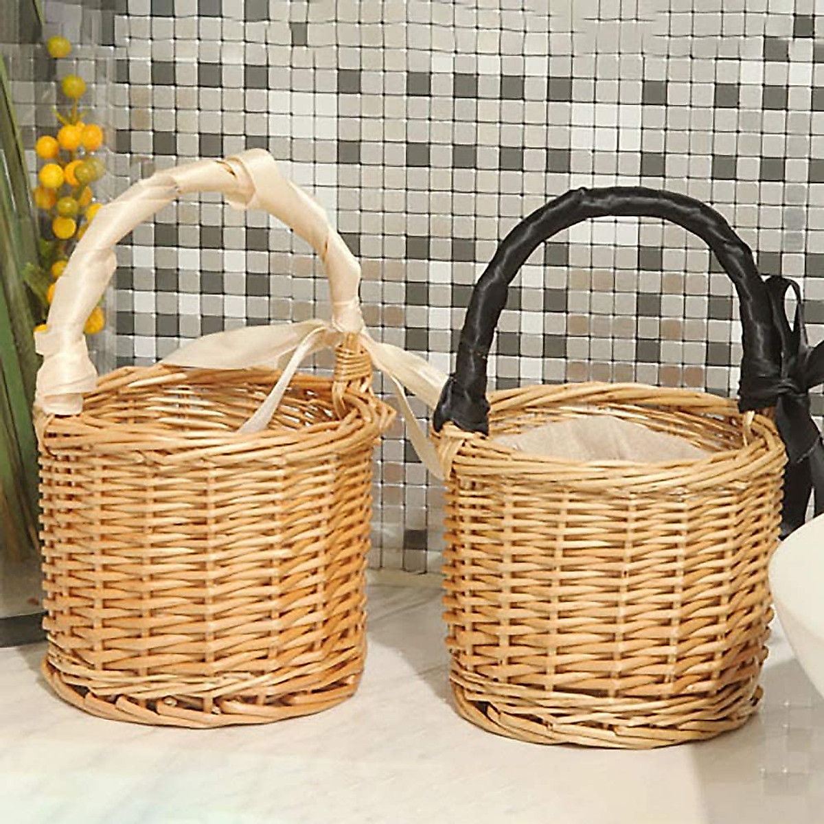 Dasing Wicker Woven Basket Wedding Flower Girl Baskets Willow Hand Woven Basket with Handle and Ribbon Bow Woven Eggs Candy Basket Flower Basket for Wedding Home Garden Decor