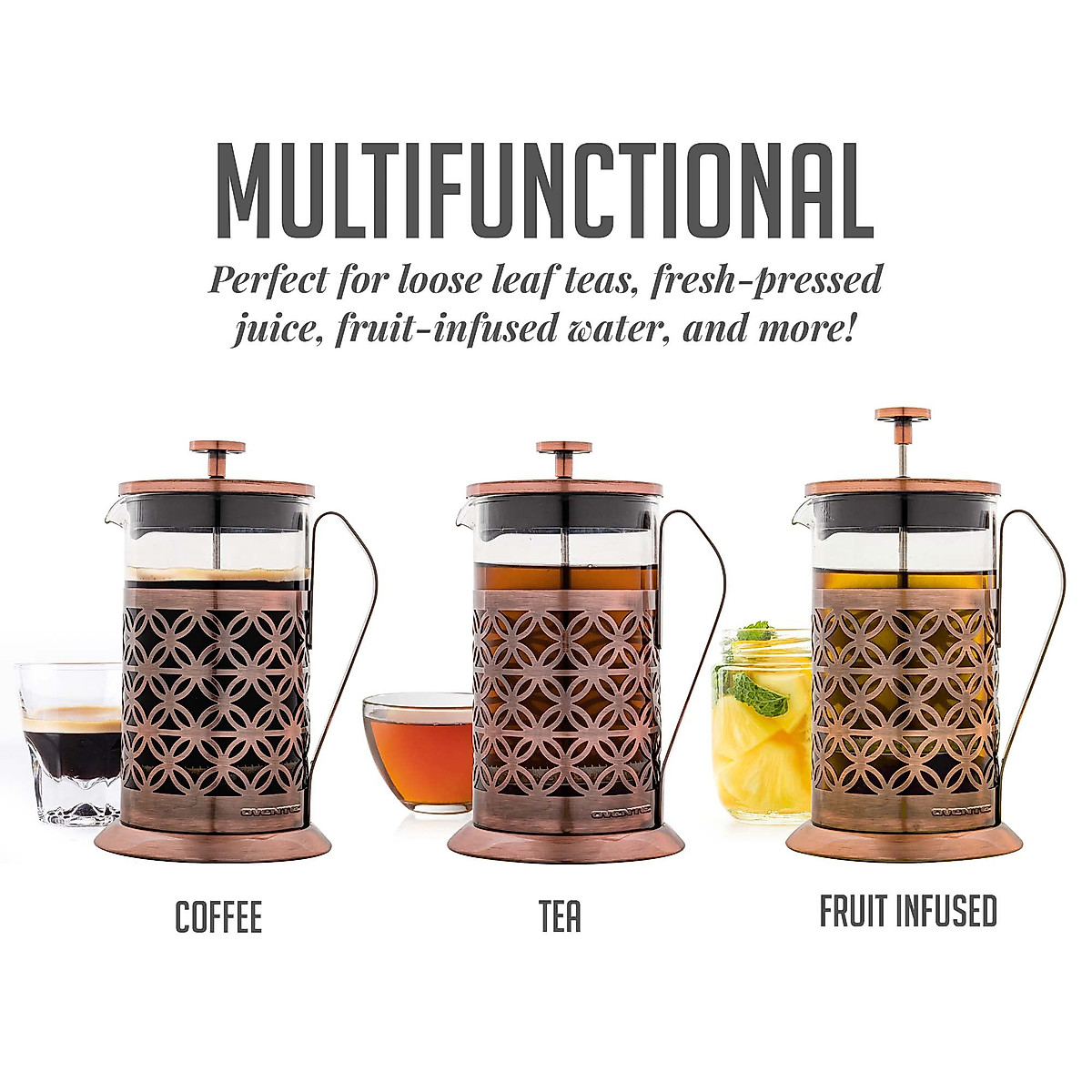 OVENTE 20 Ounce French Press Coffee & Tea Maker, 4 Filter Stainless Steel Filter Plunger System & Durable Borosilicate Heat Resistant Glass with Free Scoop, Perfect for Hot & Cold Brew, Copper FSF20C