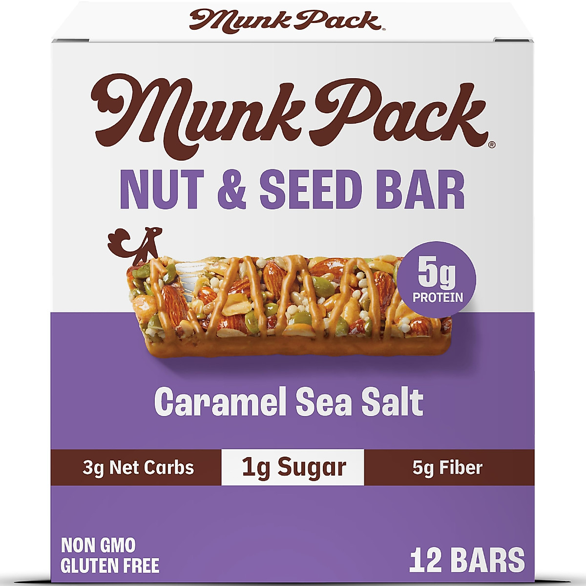 Munk Pack Nut & Seed Bar Caramel Sea Salt | 1g Sugar, Low Carb & Keto, 5g Protein | Gluten Free, Plant Based, Zero Added Sugar | Sweet & Salty Breakfast & Snack Bars | 12 Count