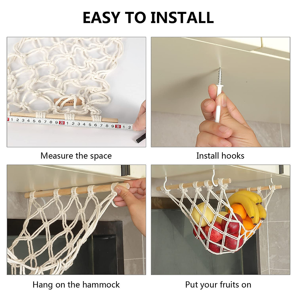 Evbopa Hanging Fruit Hammock for Kitchen Under Cabinet Macrame Fruit Basket for Bananas Fruit Storage with Hooks for Kitchen Décor