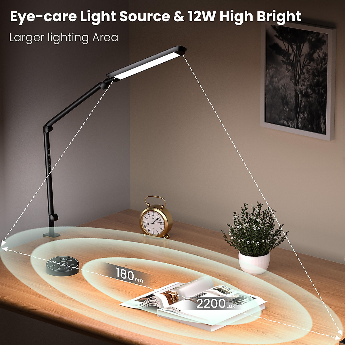 LED Desk Lamp with Clamp, 12W Eye-Caring Swing Arm Table Lamp, Stepless Dimming and Adjustable Color Temperature,Modern Architect Lamp with Memory and Timing Function for Study, Work, Home, Office