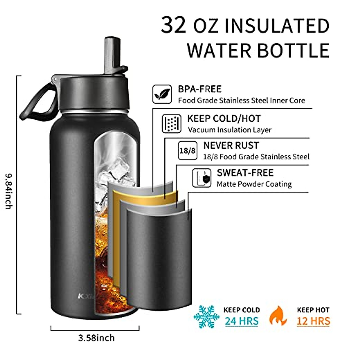 32 oz Insulated Water Bottle with Paracord Handles & Strap, 2 Lids(Straw Lid&Spout Lid), Stainless Steel Reusable Wide Mouth Metal Water Bottle With Straw, Double Walled, Thermo Mug(Black)