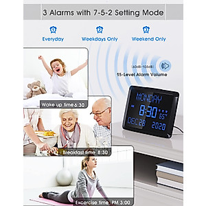 Digital Wall Clock, 11.5" Extra Large Display Calendar Alarm Day Clock with Date and of Week, Temperature,2 USB Chargers,3 Alarms, 5 Dimmer& 12/24Hr LED Desk for Office, Living Room, Bedroom, Elderly