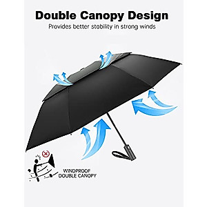 Vuteehy Windproof Umbrella, Travel Umbrella for Rain with 16 Ribs Double Canopy Vented, Waterproof Folding Umbrella with Inverted Design, Auto Open Close - Compact Rain Umbrella for Men and Women