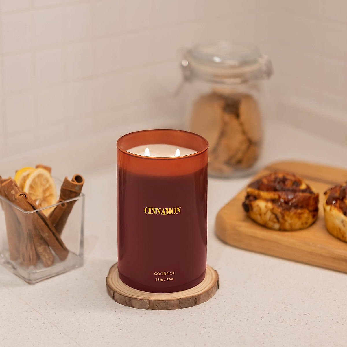 Goodpick Cinnamon Scented Candles 22 oz, Classic Luxury Candles for Home, 2-Wick Soy Candle, Large Jar Candles Gifts for Women, Birthday, Christmas, Bath, 120 Hours Burn Time