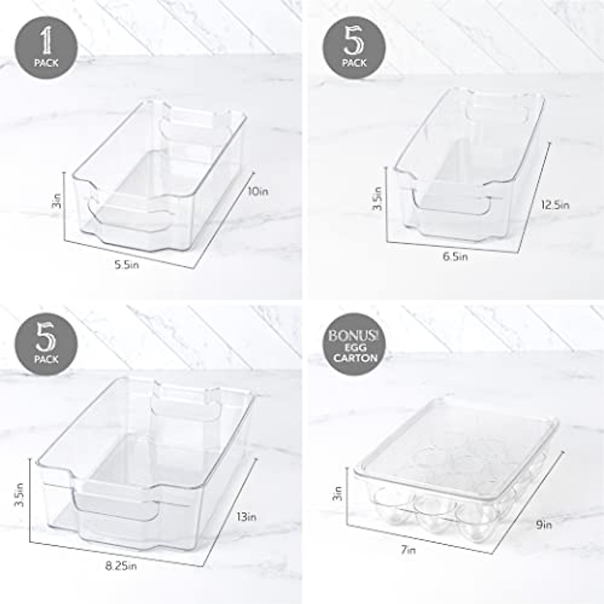 Refrigerator Organizer Bins - Clear Plastic, Stackable, Narrow and Wide Bin Sizes, Egg Tray with Lid. Great Storage for Fridge, Cabinets, Countertops and Pantry. (Set of 12)