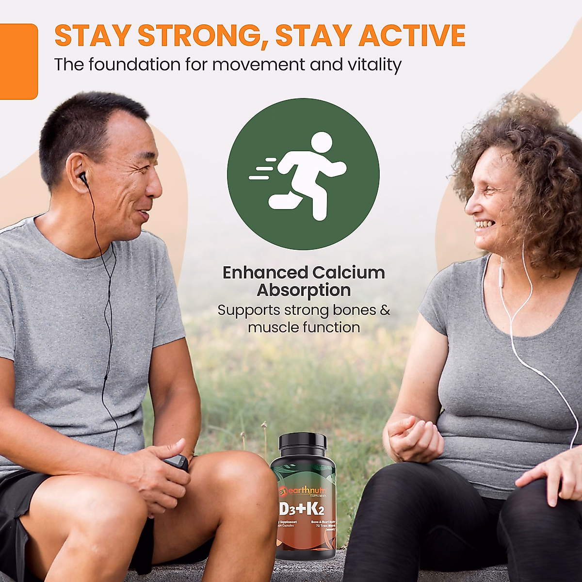 EarthNutri Vitamin D3 K2 Supplement 5000 IU – Includes K2 from MENA Q7, D3 from Vitashine, Calcium from Aquamin & 72 Trace Minerals – for Immune, Bone & Heart Health – Non-GMO – 60 Veg Capsules