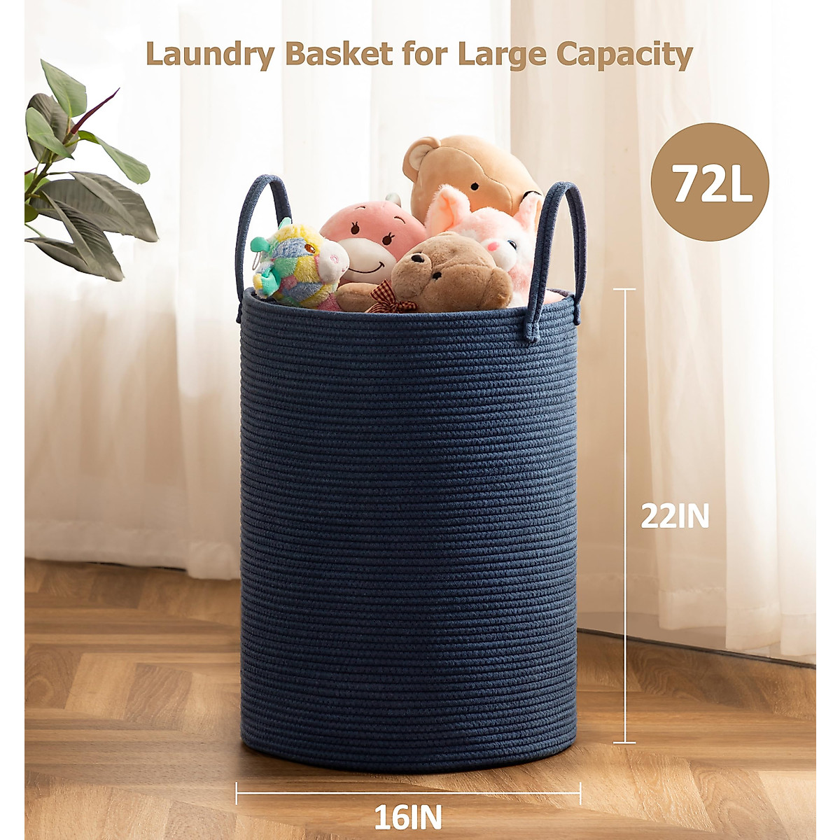 Laundry Basket, 72L Woven Laundry Hamper, Baby Nursery Hamper for Toys, Blanket Basket for Living Room, Clothes Hamper for Bedroom&Baby Room, Blue