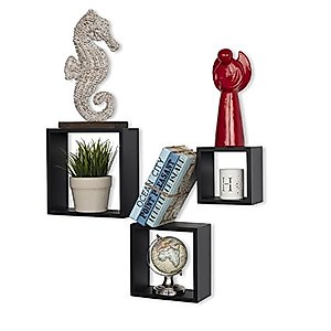 WALLNITURE Modern Home Decor Square Cube Floating Wall Shelf Black Set of 3