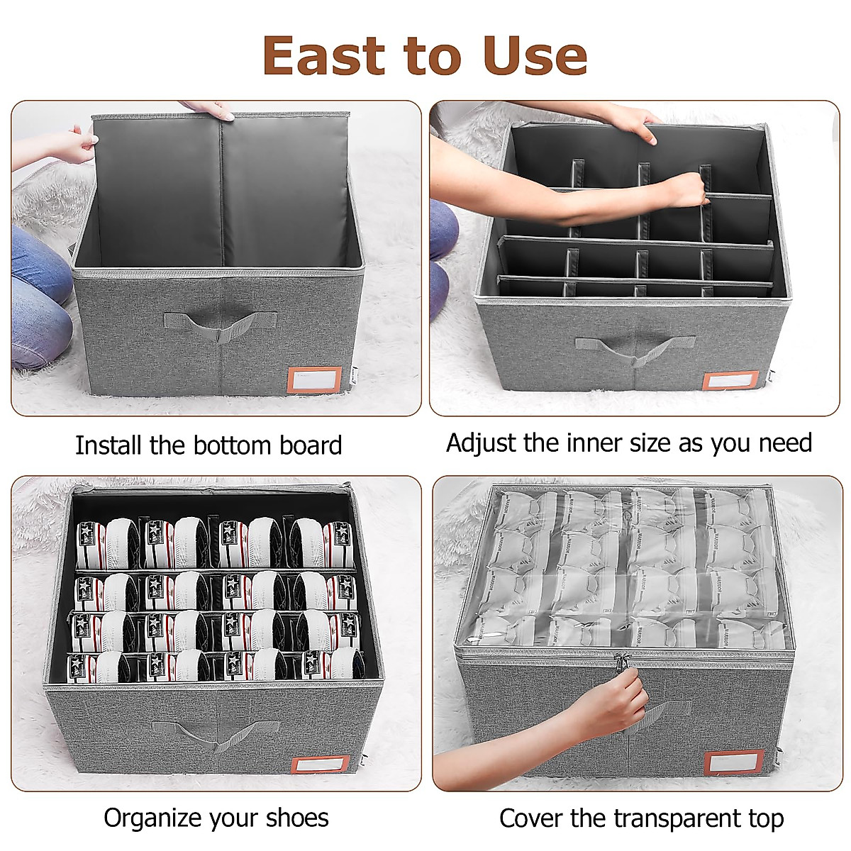 PENGLONG Adjustable Storage Bins for Closet, 16Pairs Wardrobe Clothes Organizer, Shoe Bin, Shoe Organizer, Closet Storage Solution with Clear Window (16PairsDarkGrey)