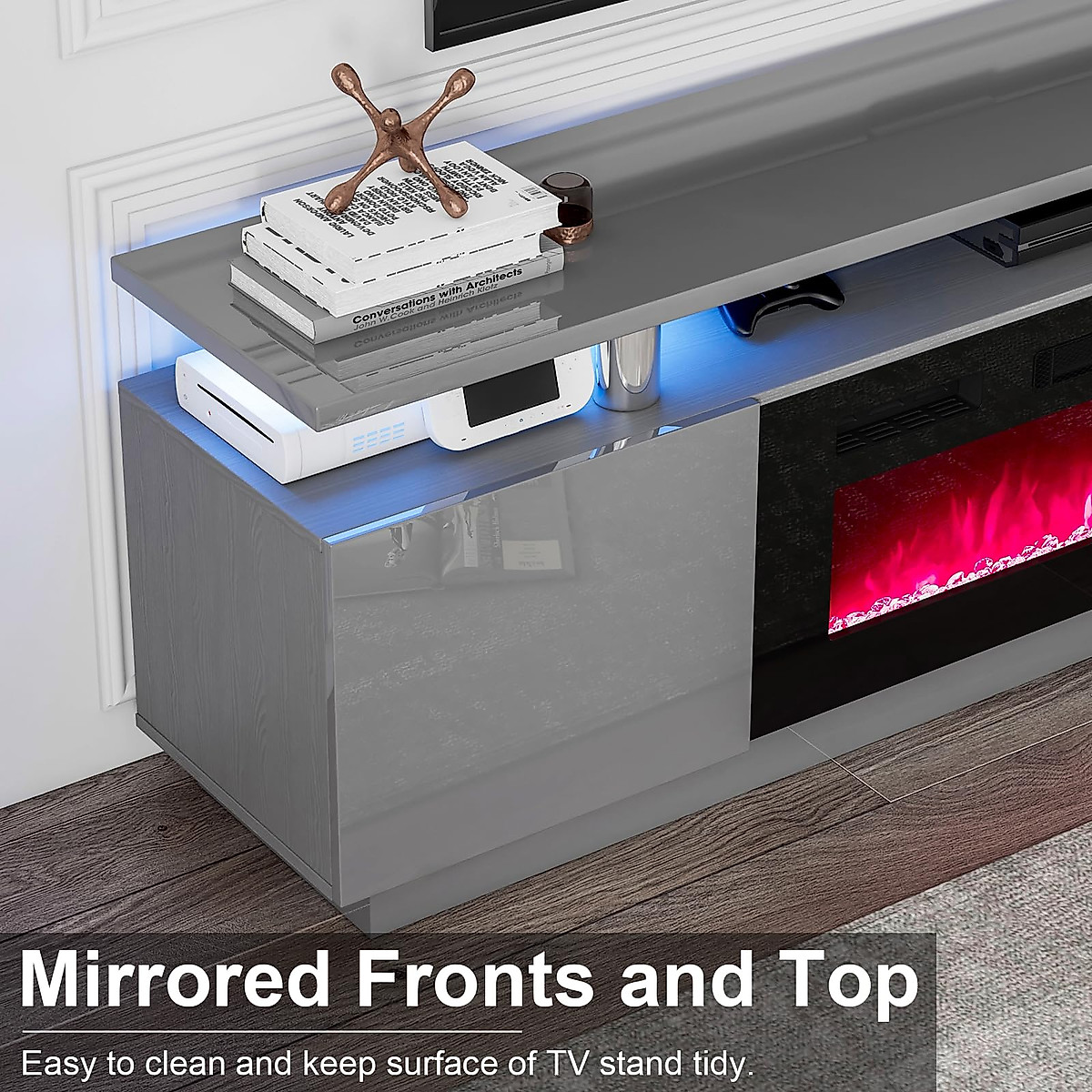 LUXOAK 80" Fireplace TV Stand, Modern LED Entertainment Center with 40" Electric Fireplace, High Gloss Finish Media Console with Storage for TVs Up to 90", Grey