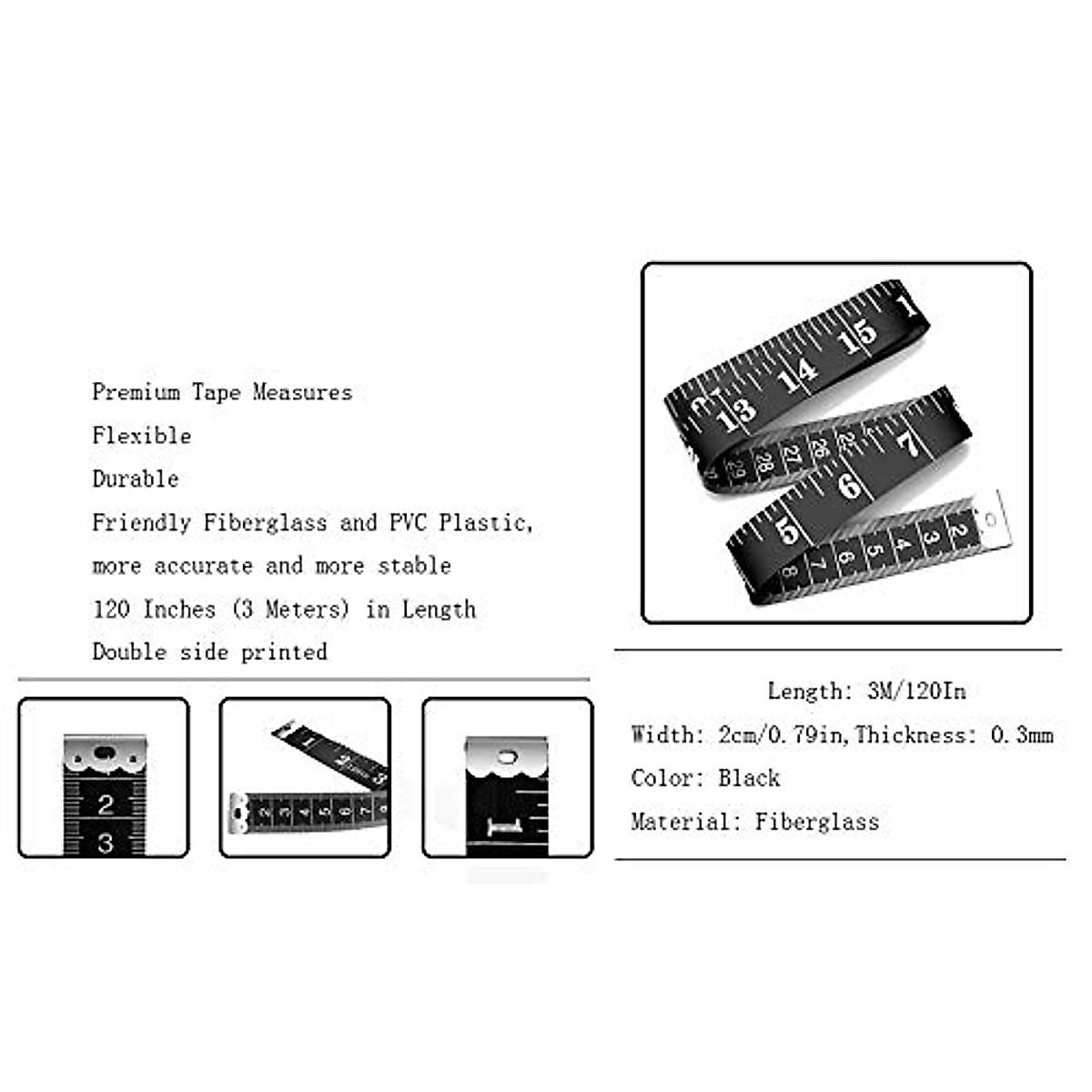 2 Pack Sewing Tape Measure120Inch/300cmDouble-Scale Soft Tape Measuring Body Weight Loss Medical Body  Measurement Sewing Tailor Cloth Ruler Dressmaker Flexible Ruler Tape Measure (Black)