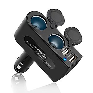 Rocketek 2-Socket Car Splitter Cigarette Lighter Adapter 4 in 1 Multi Power Outlet 12/24V 90W with 3.1A 2 USB Car Charger Adapter, Cigarette Lighter Splitter Adapter for iPhone Pad Phone Tablet GPS