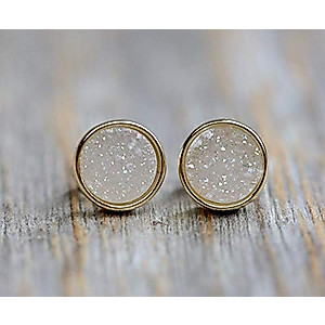 White Druzy Quartz Stud Earrings-Genuine Drusy Gemstone-Gold-8mm-Jewelry Gift Idea-Holiday-Stocking Stuffer-New Years (White Druzy)