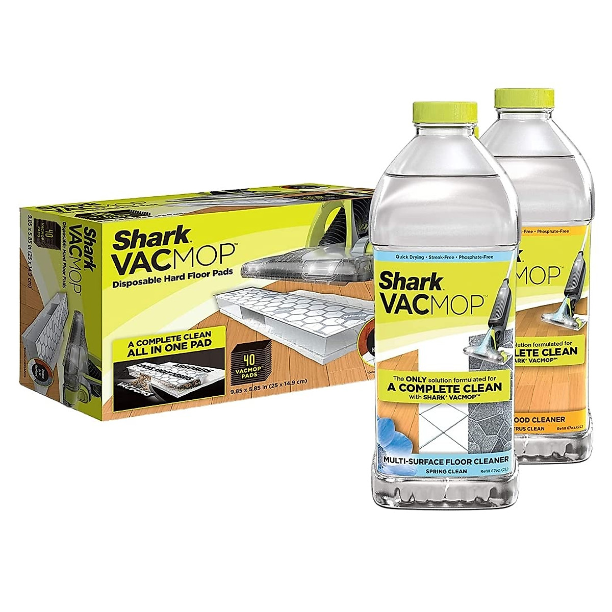 Shark VMP40 VACMOP Pro Cordless Hard Floor Vacmop Pad Refills (40 ct.) & 1 Bottle of Multi-Surface Cleaner Spring Fresh Scent and 1 Bottle Hardwood Surface Cleaner Fresh Citrus (Packaging May Vary)