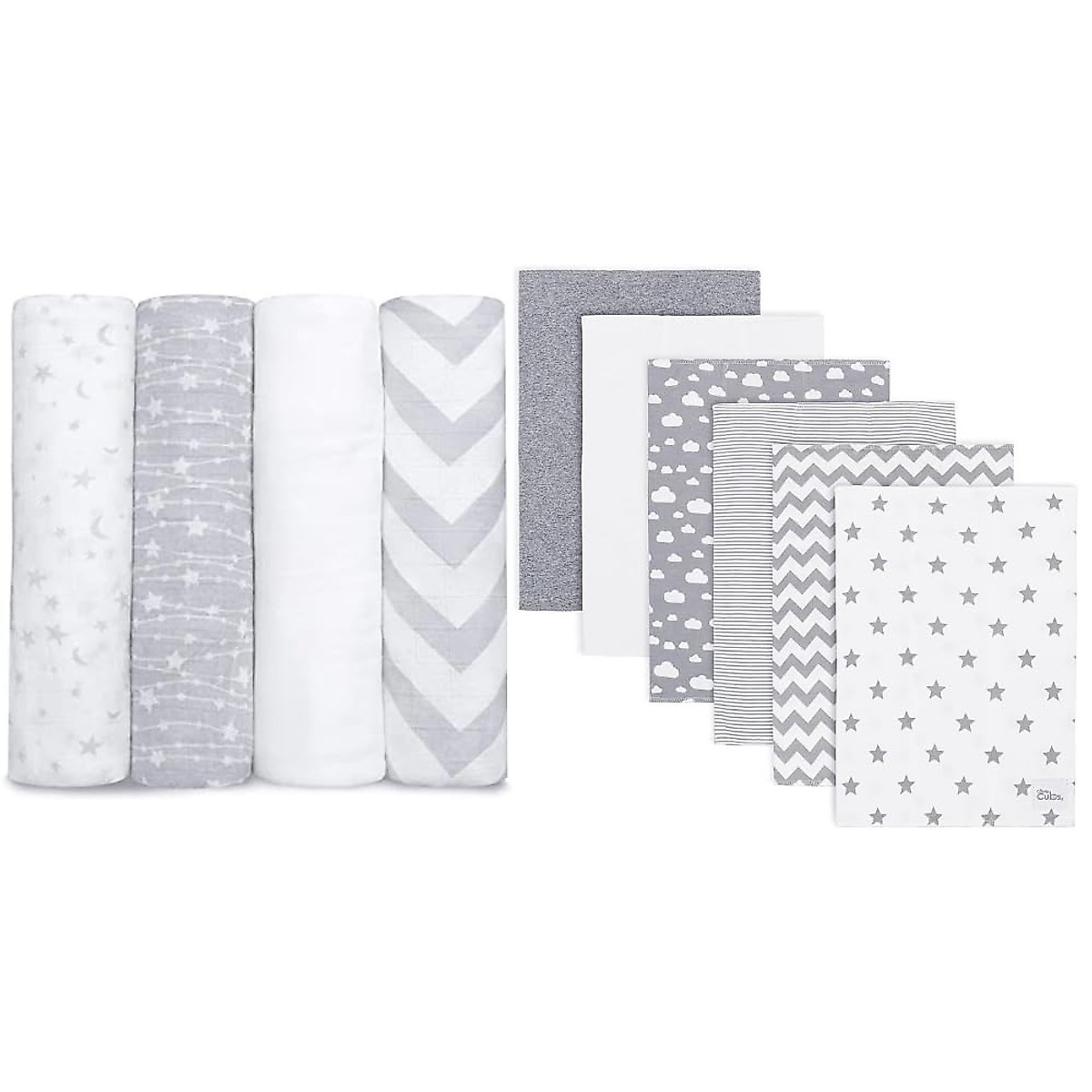 Comfy Cubs Muslin Swaddle Blankets and Burp Cloths 6 Pack Large 100% Cotton Bundled