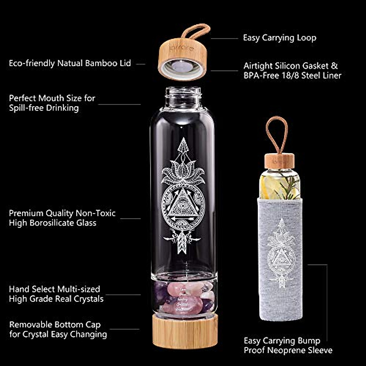 Larrare Crystal Water Bottles 19oz Large Crystal Elixir Infused Water Bottle with Changeable Crystals | Gem Water Bottle with Sacred Pattern and Words (Amethyst, Rose Quartz, Clear Quartz)