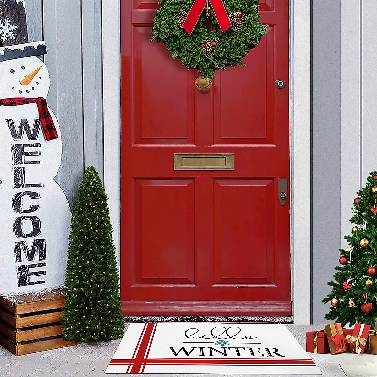 Hello Winter Door Mats, 23.6" x 15.7" Outdoor Indoor Entrance Doormat Welcome Mats, Absorbent Water Non Slip Entryway Rug, Front Doormat Inside Outside, Christmas Snowflake with Holiday Red Stripes