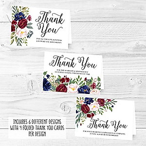 24 Navy Burgundy Floral Sympathy Thank You Cards With Envelopes, Bereavement Funeral Thank You Note, Condolence Gratitude Supplies, Personalized Religious Military Memorial With Message Stationery