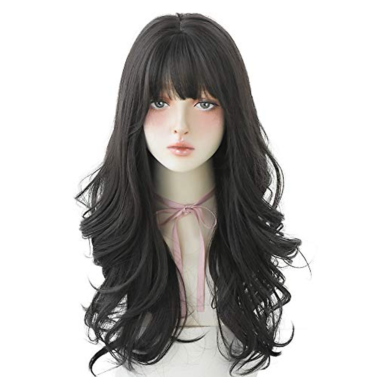 Long Black Body Wave Wigs with Bangs - 24 inch Glueless Synthetic Bodywave Wig, Heat Resistant Light Layered Wig for Girls Daily Party Cosplay