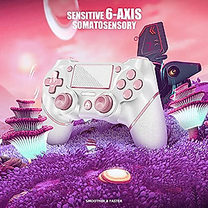 AceGamer Wireless Controller for PS4, Custom Design V2 Gamepad Joystick for PS4 with Non-Slip Grip of Both Sides and 3.5mm Audio Jack! Thumb Caps Included! (Pink-White)