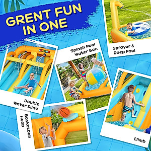 JOYMOR Giant Inflatable Water Slide Park w/Splash & Deep Pool, Double Long Water Slides, Climbing Wall, Blow Up Bounce House for Kids Backyard Party (Included 750w Blower)